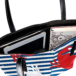 Tote Shoulder Bag for Women, Large Leather Handbags for Travel Work Beach Outdoors Red White Crab Blue Stripes