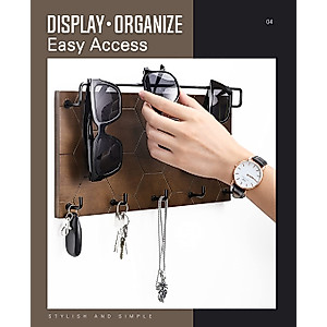 Emibele Sunglass Organizer Wall Key Holder, Decorative Wood Wall Jewelry Organizer Glasses and Sunglass Holder Display with 5 Hooks Key Rack Hanging Eyeglass Storage for Entryway Living Room, Walnut