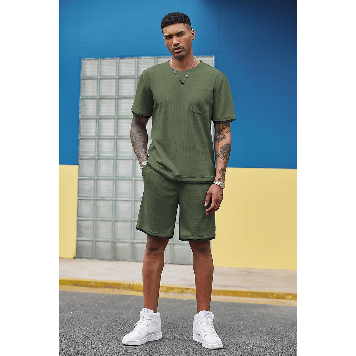 COOFANDY Men's Waffle Shirt and Shorts Set 2 Piece Outfits Casual Summer Tracksuits Set with Pockets