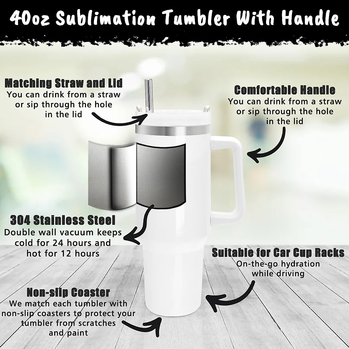 Amgkonp 2 Pack 40oz Stainless Steel Insulated Travel Cup with Handle and Straw, Sublimation Tumbler Blanks for DIY Gift