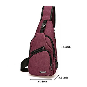 Men's Women's Sling Chest Shoulder Bag Outdoor Travel Crossbody Backpack with USB Charging Port Rose Red