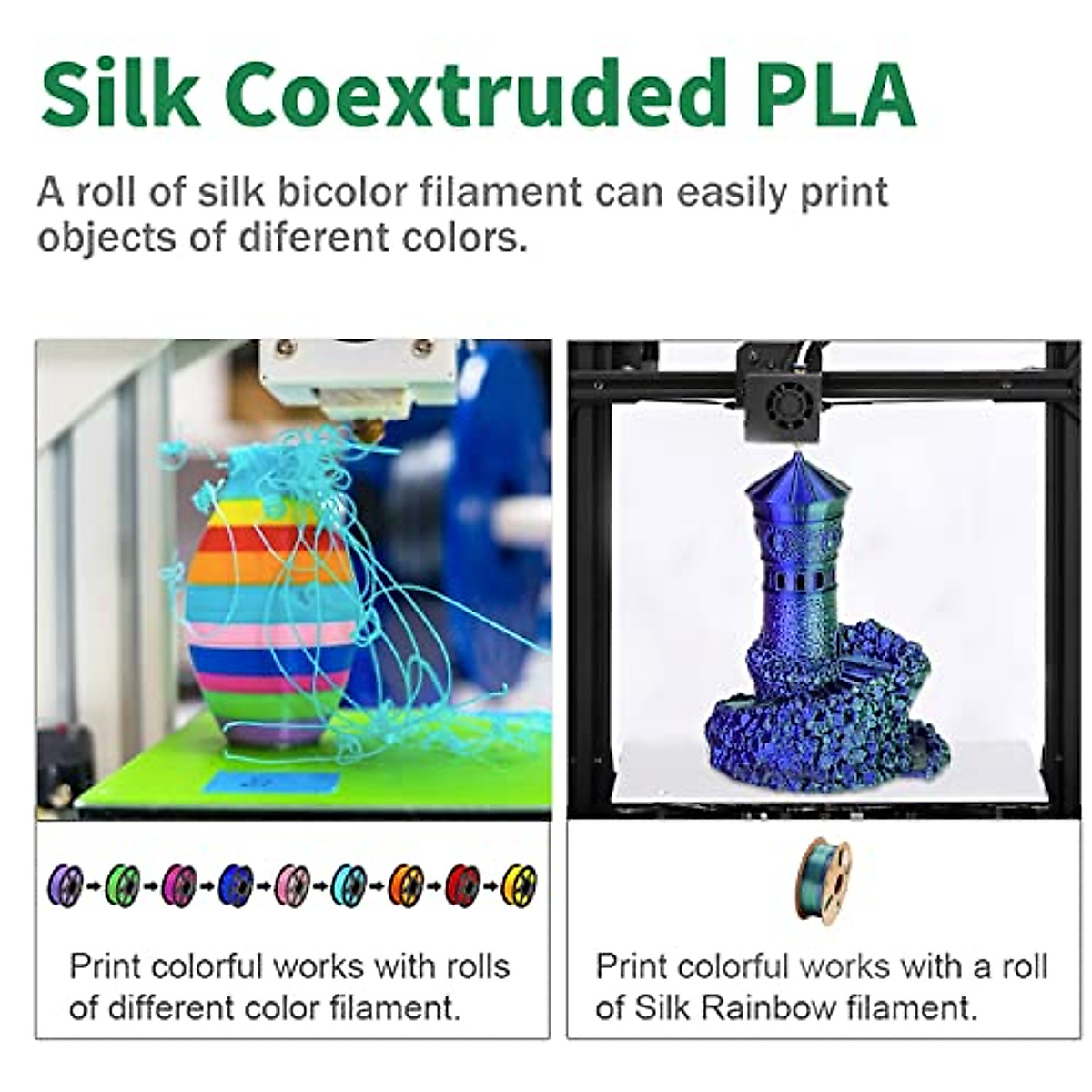 SIKENHO 3D Printer Filament, PLA Filament Dark Green and Blue Silk PLA Dual Color Co-Extrusion PLA Filament 1.75mm 1kg Spool (2.2lbs), Dimensional Accuracy +/- 0.02mm, Fit Most FDM Printer & 3D Pen