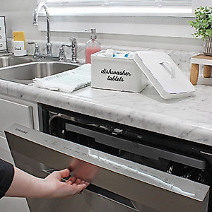 AuldHome Dishwasher Pod Holder, Tablet Container; White Enamelware Rustic Kitchen Storage Tin with Lid