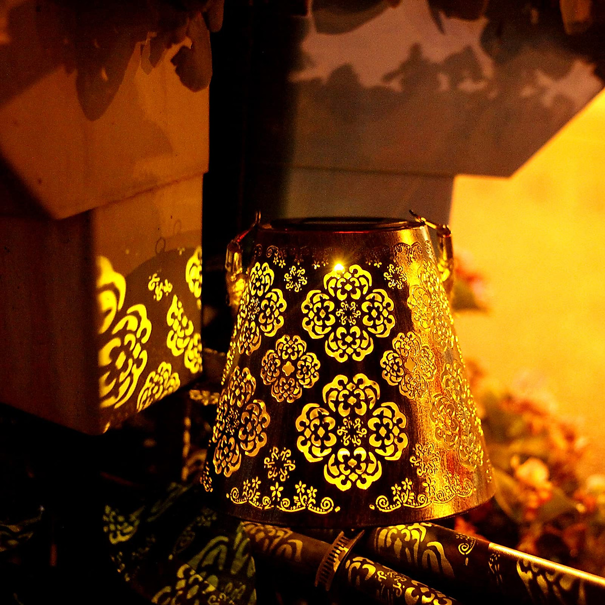 Outdoor Lanterns, Moyisea Hanging Solar Lantern Lights with Rattan Handle and Metal Hollow-Out Flower Lace, Waterproof Decorative Lantern for Patio, Porch, Garden and Tabletop, Bronze