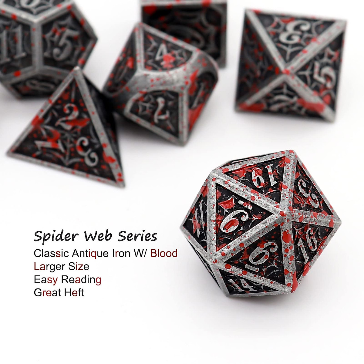 Haxtec Blood Splatter Metal DND Dice Set W/Gift Leather Dice Bag Bloodstained D&D Dice Spider Web Pattern Polyhedral Dice for Dungeons and Dragons TTRPG Games