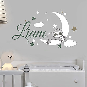 waldo Custom Name Sloth Moon Stars Nursery Wall Decal - WM45. Removable Nursery Wall Decal for Baby Room - Mural Wall Decal for Kids