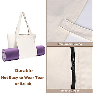cycleacc Yoga Mat Bag, Gym Tote Bag for Women with Large Mat Carrier Pocket, Canvas Tote Bag for Workout, Pilates, Travel, Beach, Office (White)
