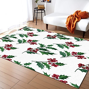 Area Rug Absorbent Non-Slip Rectangle Rug Christmas Holly and Berries Rugs for Living Room Bedroom Kitchen Entryway, Soft Floor Mat Indoor Carpet Accent Rugs 2x3 Feet