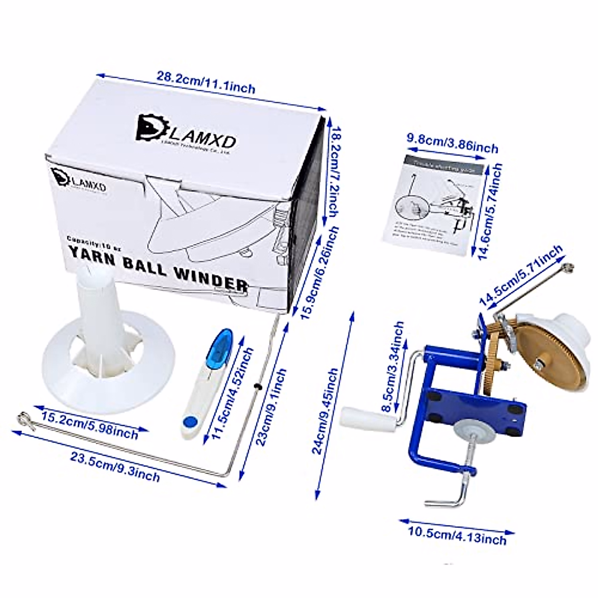 LAMXD Needlecraft Large Jumbo Metal Yarn/Wool/String/Fiber Ball Winder Hand Operated,10-Ounce,with Thread Cutter Scissors, Blue and White