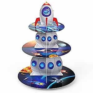 3 Tiers Rocket Space Station Cupcake Stand Outer Space Birthday Party Cardboard Cupcake Holder Decorations Galaxy Party Dessert Tower Solar System Party Supplies for Kids Space Themed Baby Shower