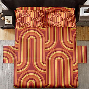 Pinbeam 4 Pcs Fitted Sheet Set Full Size with Deep Pocket, 70S Retro Vintage Bedding Set with Pillowcase for Kids and Adults, Mid Century Geometric Yellow Flat Bed Sheet Set