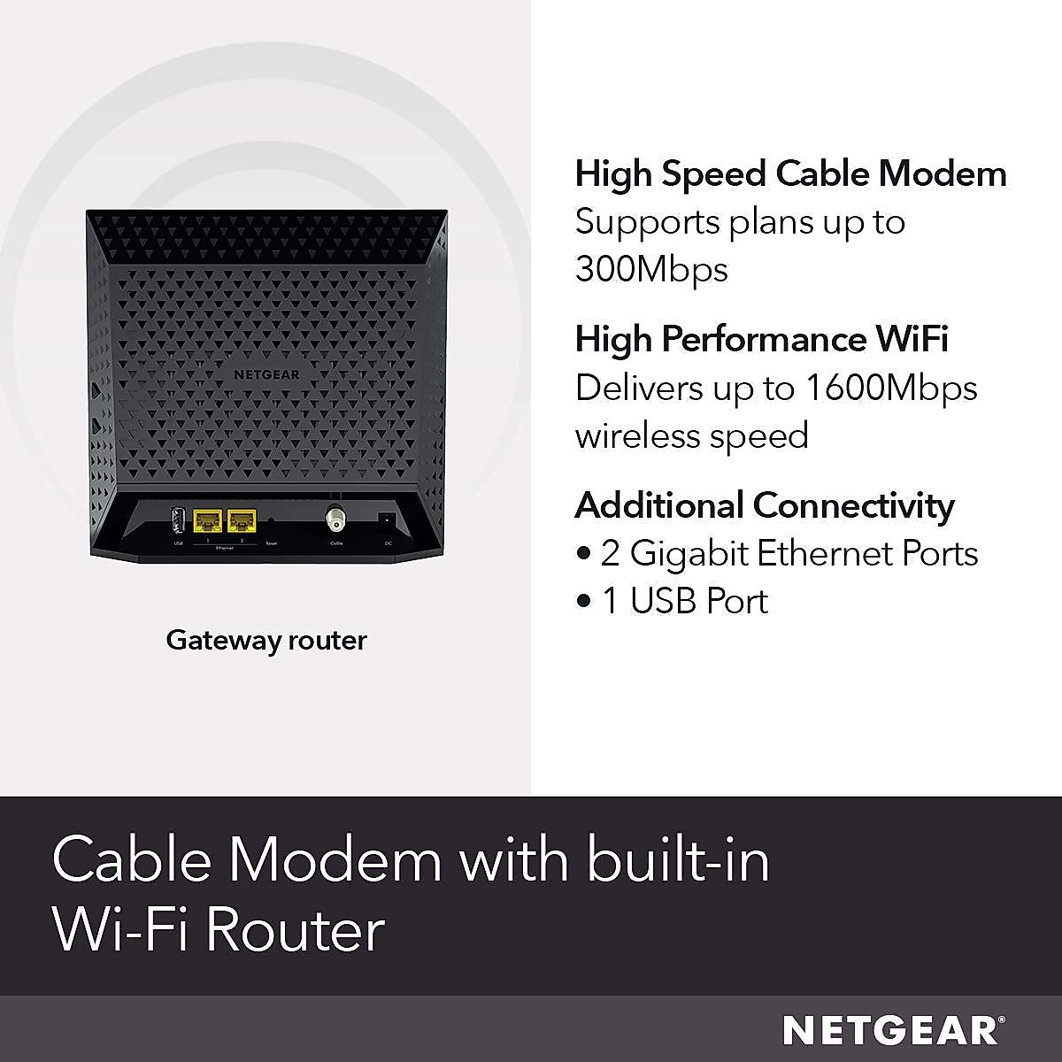 Netgear C6250-100NAS AC1600 (16x4) WiFi Cable Modem Router Combo (C6250) DOCSIS 3.0 Certified for Xfinity Comcast, Time Warner Cable, Cox, More (Renewed)