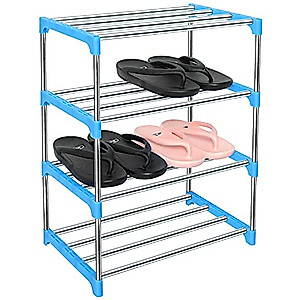 LNYZQUS Upgrade 4 Tier Small Shoe Rack, Kids Show Rack Closet Shoe Organizer,Compact Stackable Shoe Shelf Shoe Stand Floor Shoe Rack for Narrow Space,Zapateras Organizer for Shoes (Blue)