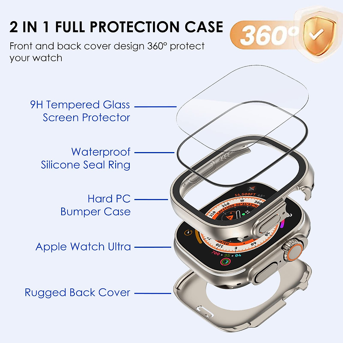 Wingle 2 in 1 Waterproof Case for Apple Watch Ultra 2 Screen Protector 49mm Case Cover, 2 Pack 360 Protective Glass Face Cover Hard PC Bumper + Back Frame for iWatch Ultra/Ultra 2 49 mm, Titanium