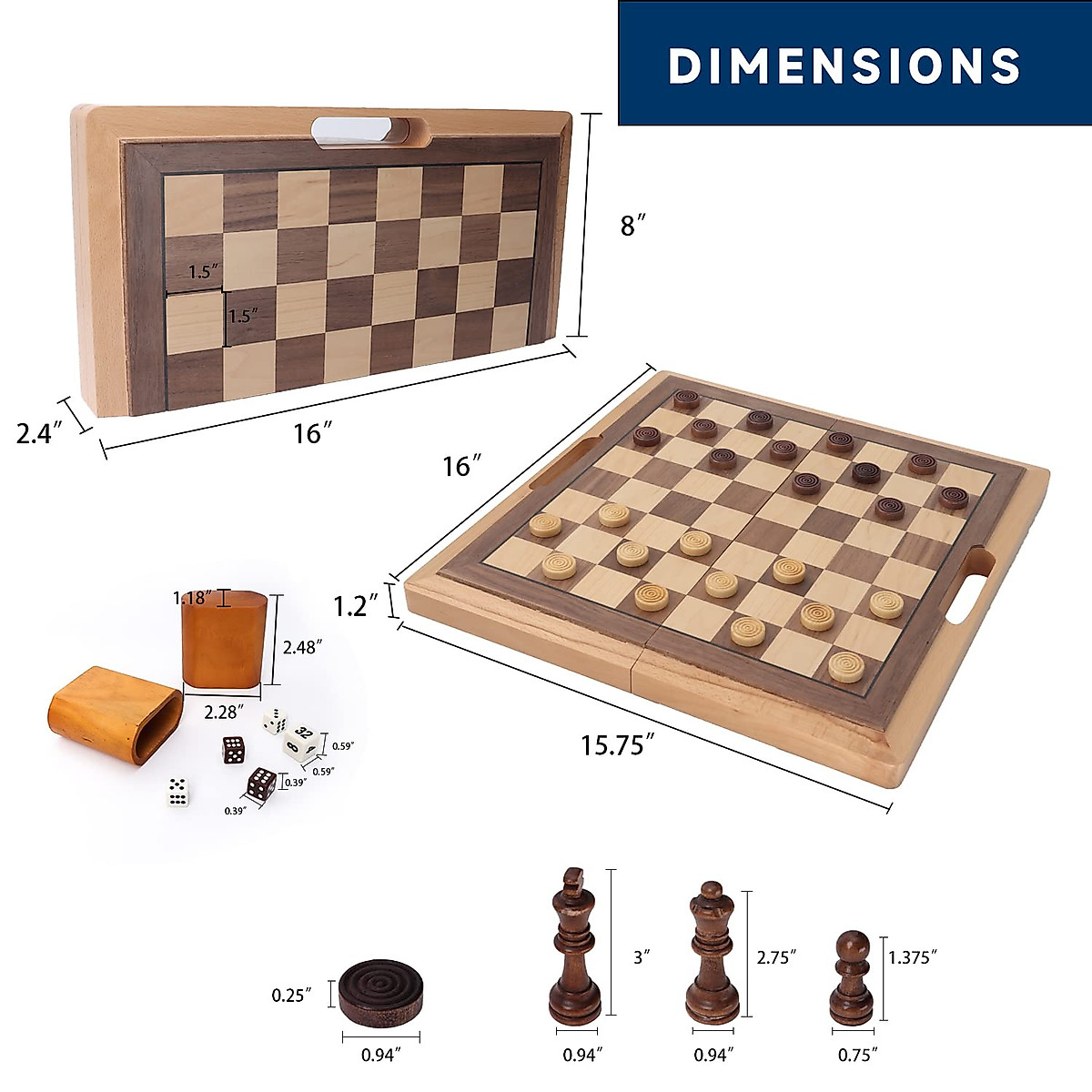 GSE Games & Sports Expert 16" Deluxe 3-in-1 Wooden Folding Chess, Checker and Backgammon Board Game Combo Set, Portable Travel Chess Checker Backgammon Set for Kids & Adults