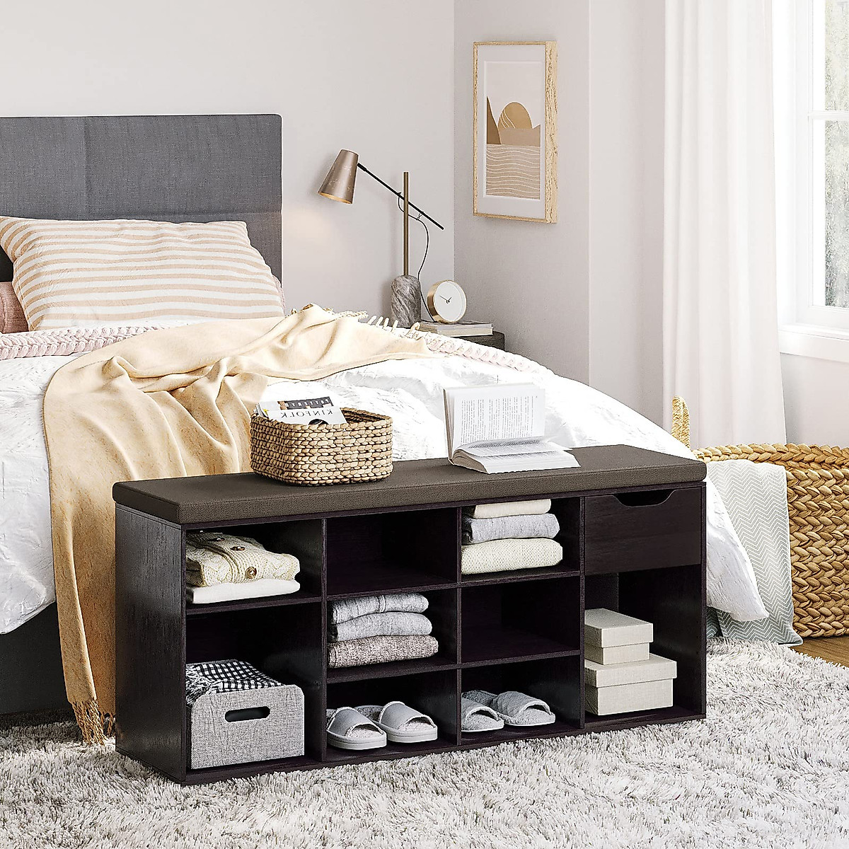 DINZI LVJ Shoe Bench, Entryway Storage Bench with Drawer and 11 Cubbies, Cubby Shoe Rack with Adjustable Shelves, Shoe Organizer Cabinet for Living Room, Bedroom, Mudroom, Closet and Garage, Espresso