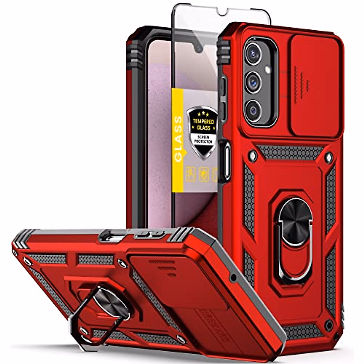 Dretal for Galaxy A14 5G Case, Samsung A14 5G Case + Tempered Glass Screen Protector with Kickstand & Slide Lens Protector Heavy Duty Armor Shockproof Rugged Military Grade Protective Case(Red)