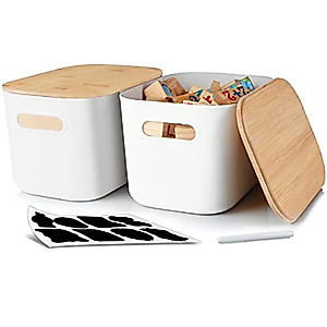 Citylife 6 Packs Plastic Storage Bins with Bamboo Lids White Storage Box with Handle Stackable Containers for Organizing