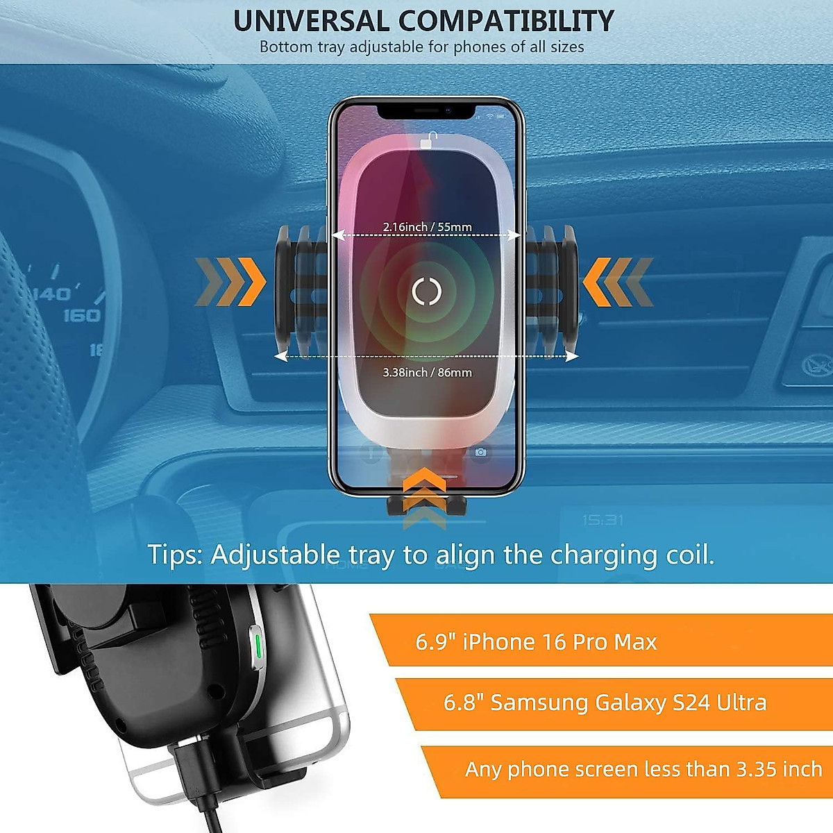 Wireless Car Charger, Cup Holder Phone Mount, Auto Clamping Charging Car Mount for iPhone 16 Pro Max, Samsung Galaxy S24 Ultra(Air Vent Included)