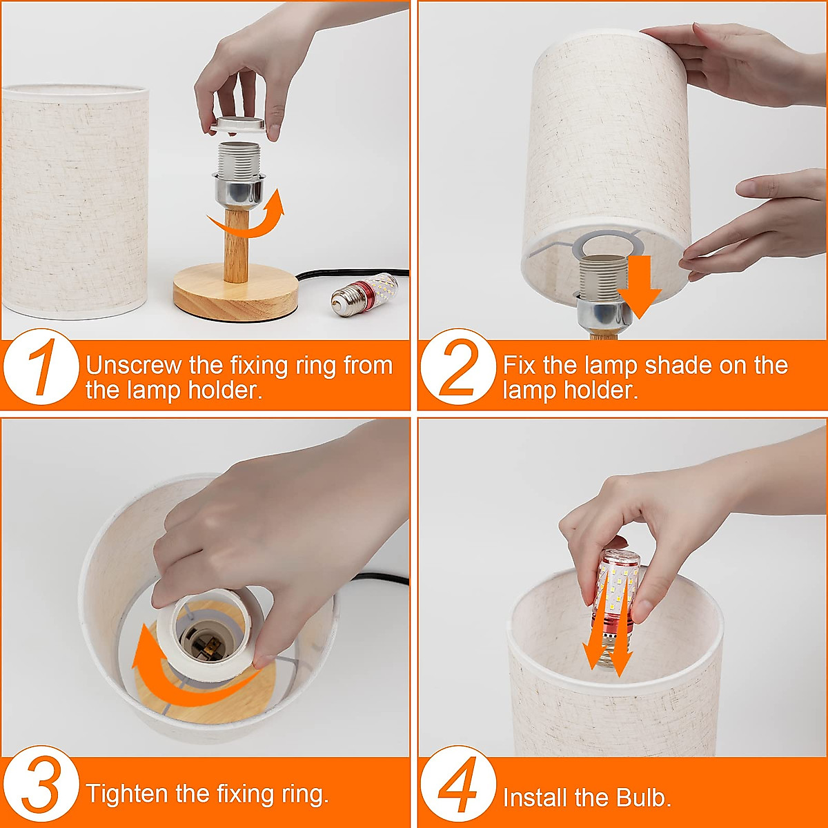 AFROG Table Lamp for Bedroom - 3 Way Dimmable Nightstand Lamp with Round Flaxen Fabric Shade for Living Room Kids Room Office Dorm,Solid Wood,12W, LED Bulb Included