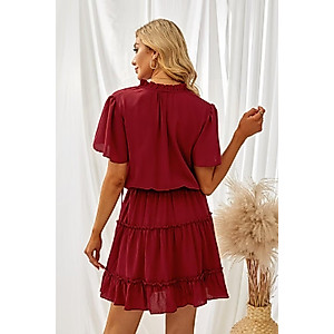 Dokotoo Womens Juniors Cute Spring Casual Summer Sexy Deep V Neck Ruffle Chiffon Lantern Short Sleeve Elegant Empire Waist Flowy Pleated Mini Short Skirt Dresses for Women Party 2025 Wine Small