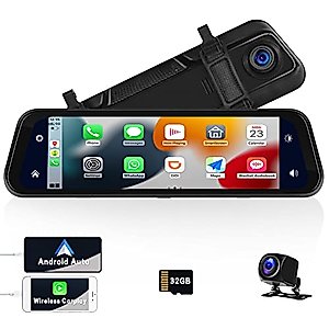 9.66" Mirror Dash Cam Front and Rear with Wireless CarPlay Android Auto Rear View Mirror Camera for Cars & Trucks, Enhanced Night Vision, IPS Touch Screen, Voice Control, Dual Cameras+32G Card, 7V-36V