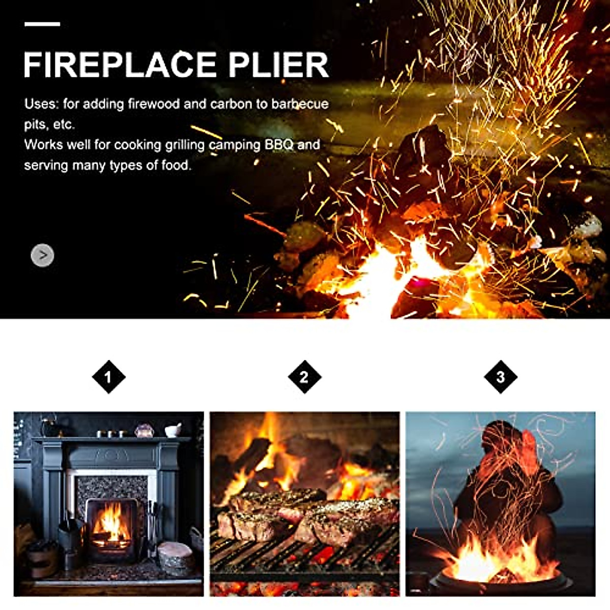 Happyyami 3 pcs fireplace carbon clip barbeque tool barbecue carbon clip Heavy- Duty Log campfire log grabber fire place accessories dessert tong bbq tongs garbage tong long iron pliers Wood