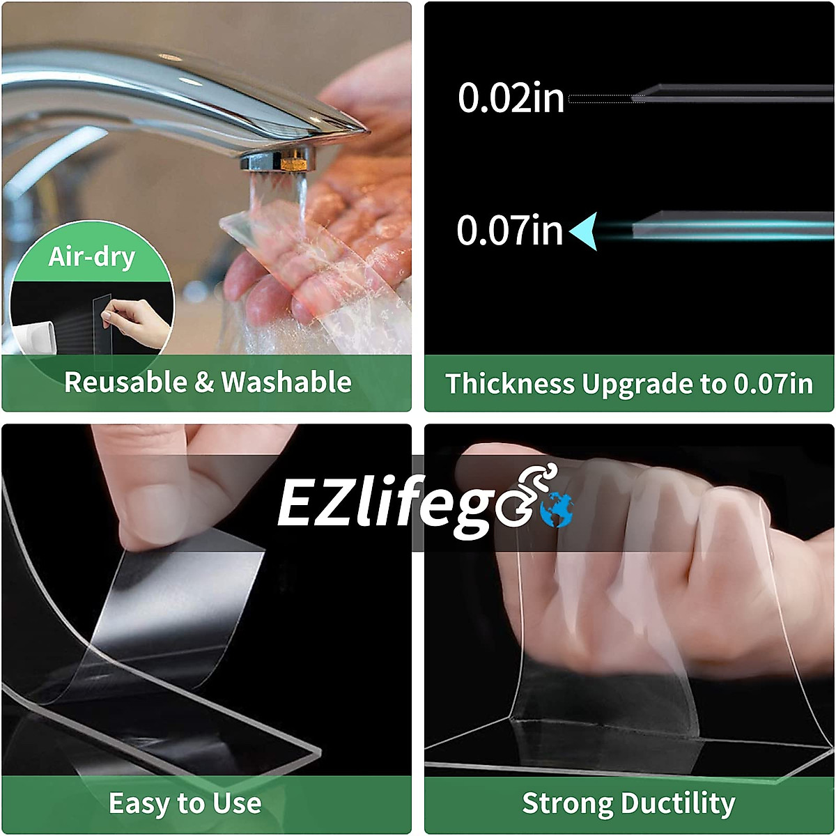EZlifego Double Sided Tape Heavy Duty(Extra Large, Pack of 2, Total 33FT), Removable Clear & Tough Mounting Tape Sticky Adhesive, Reusable Strong Wall Tape Picture Hanging Strips Poster Carpet Tape