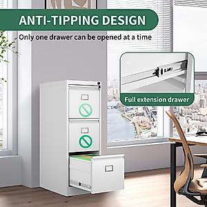 VIYET 3 Drawer File Cabinet, Metal Vertical File Cabinets with Lock for Home Office, Office Steel Filing Cabinet for Hanging Files for A4/ Legal/Letter,Assembly Required (White)