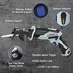 WORKPRO 12V Cordless Reciprocating Saw with Clamping Jaw, 2.0Ah Li-Ion Battery with 1 Hour Fast Charger, Variable Speed and Tool-Free Blade Change, 3 Saw Blades for Wood & Metal Cutting