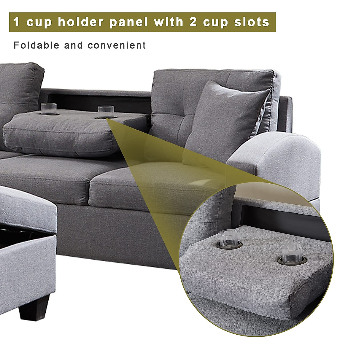 Unovivy Sectional Couches for Living Room, 109" L Shaped Upholstered Sofa with Chaise, Ottoman and Cup Holders, 3-Piece Fabric Furniture Sets, Suitable for Large Space & Apartment, Gray