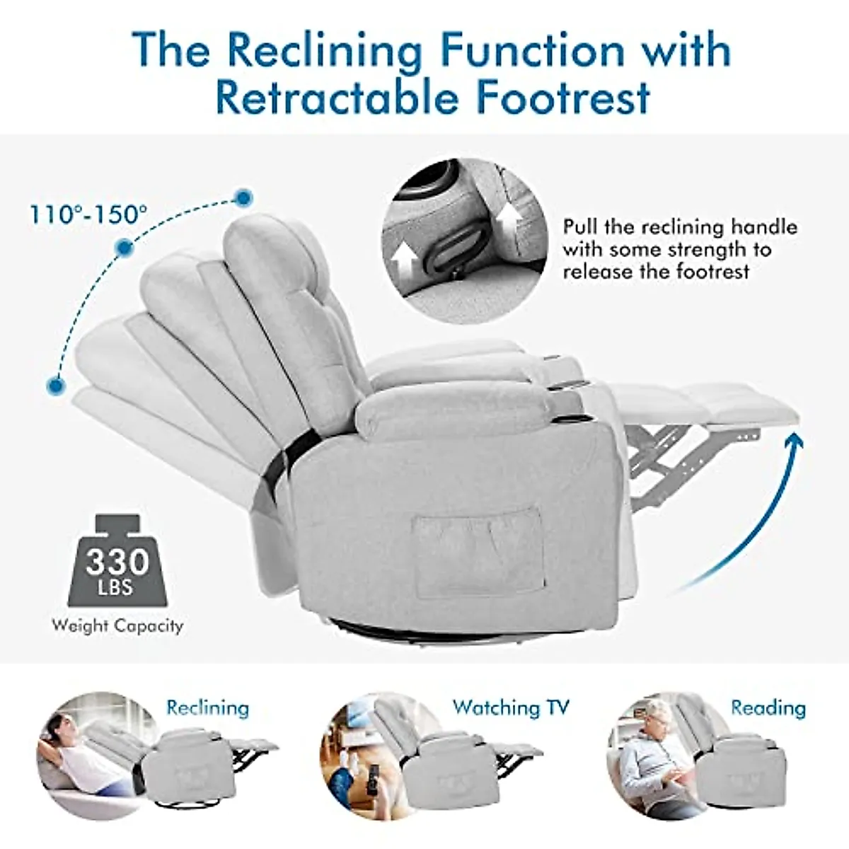 Giantex Swivel Rocker Recliner Chairs with Massage and Heating, 360 Degree Swivel Single Sofa w/Remote Control, 4 Pockets & 2 Cup Holders, Glider Chair for Nursery Living Room Bedroom (Grey)