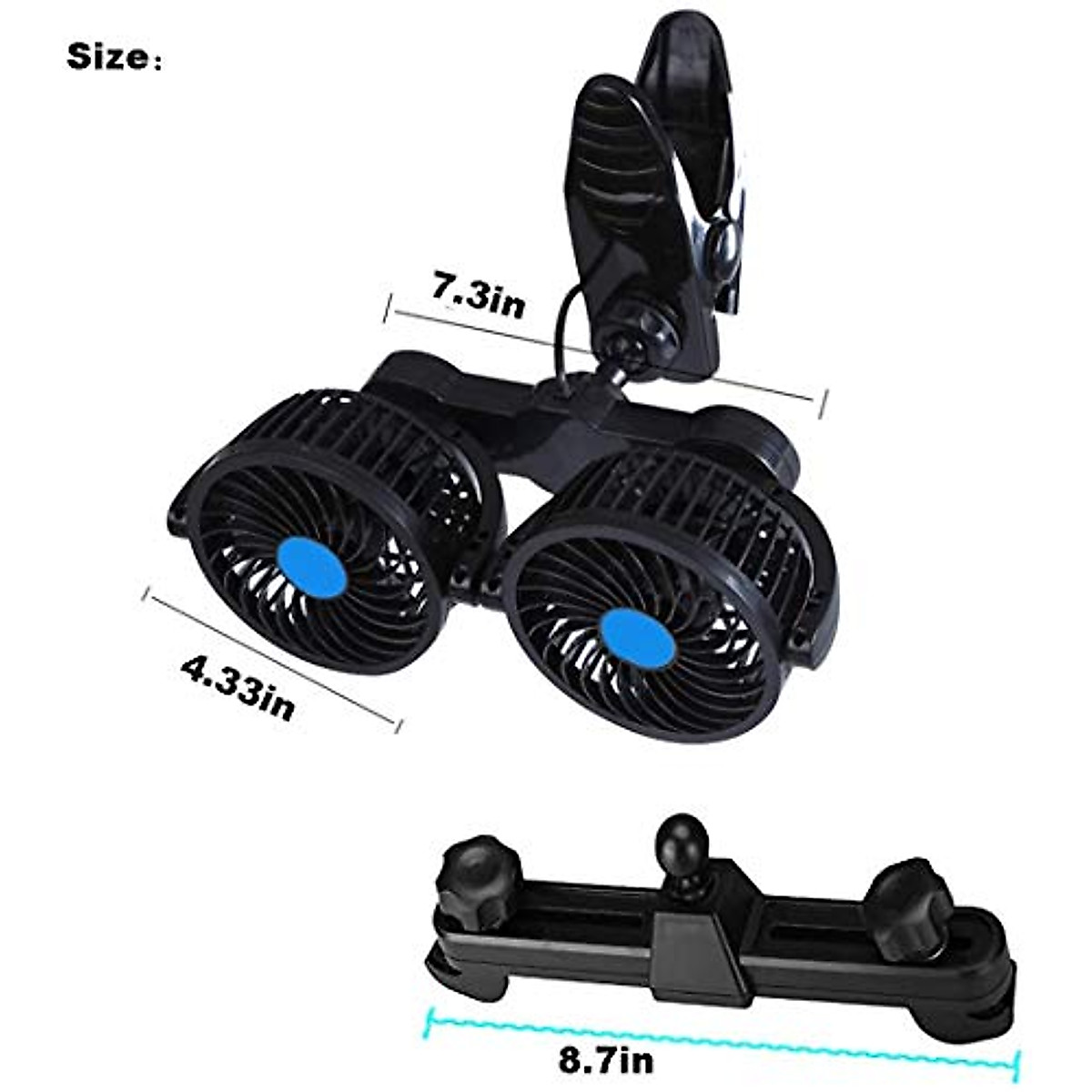 SEAMETAL Car Fan for Back Seat, Car Seat Fan Cigarette Lighter, Fan for Car 12V Headrest Black 4inches (Clip+Hook)