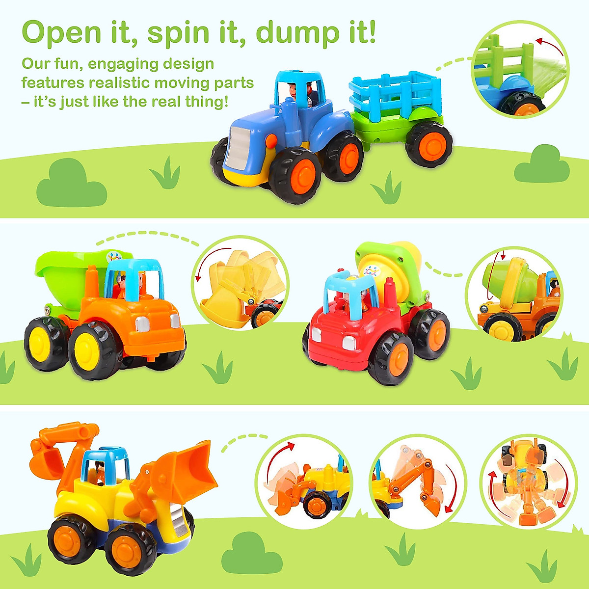 IQ Toys 4 Pack Friction Powered Cars Construction Vehicles for Toddlers, with Car Tractor, Bulldozer, Dumper and Cement Mixer Truck