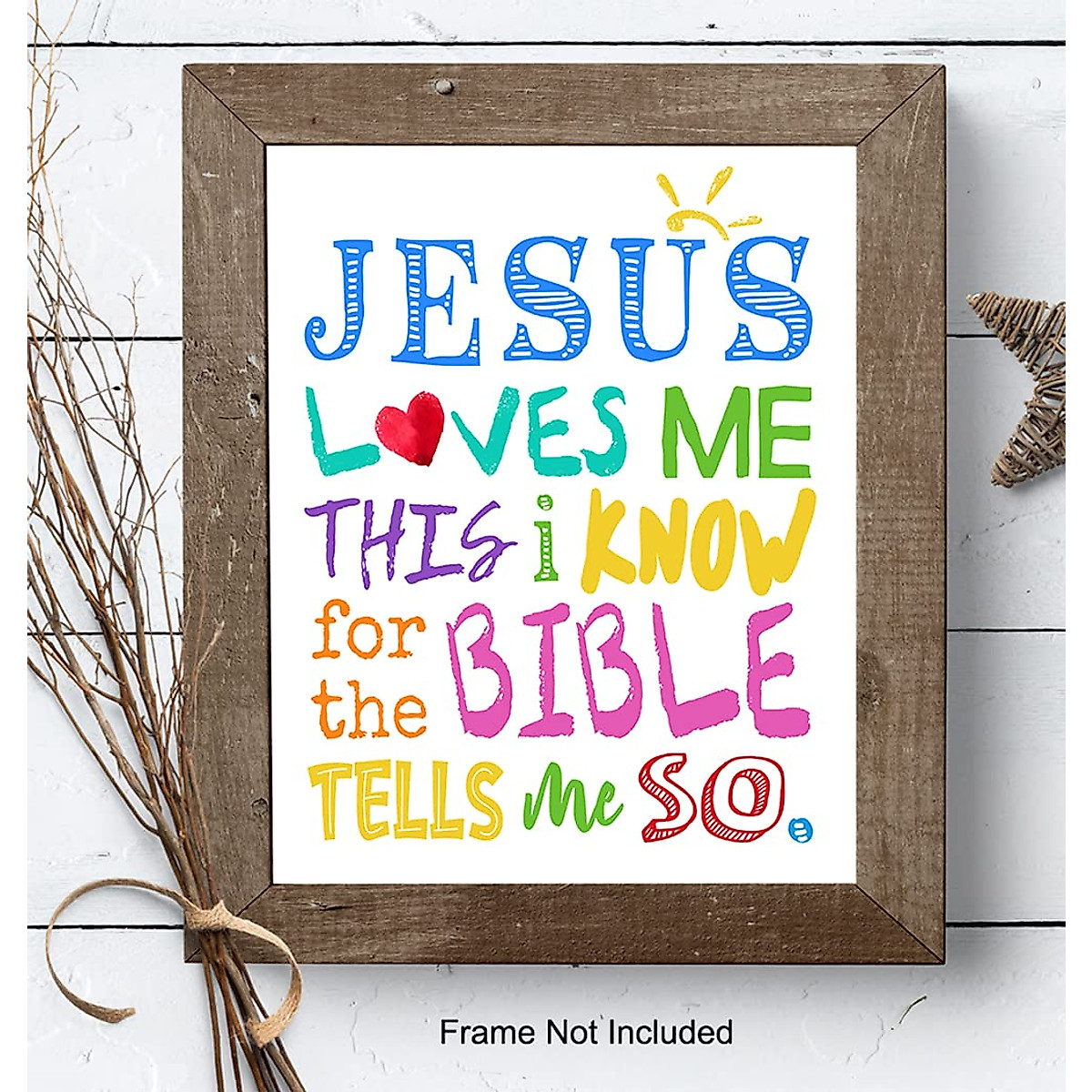 Religious Christian Kids Room Decor for Girls, Boys, Toddler Bedroom - Cute Baby Shower Gift - Jesus Loves Me Bible Verse Wall Art Print - 8x10 Poster Picture