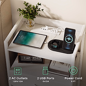 Kitstorack Night Stand with Charger Station and LED Light White Nightstand with Drawers Bedside Table Tall Nightstand 4 Fabric Drawers