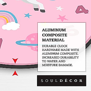 Soul Decor Pink Unicorn and Rainbow Wall Clock, Silent Non-Ticking, Girl/Boy Room Unisex Clock for Children Bedroom Decor, Made in The USA 12 Inch Round