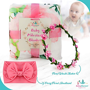 AMAHLE Baby Monthly Milestone Blanket for Girl Boy- Bonus: Wreath + Headband- Premium Fleece with 3D Digital Printing | Best Baby Shower | Newborn Photography