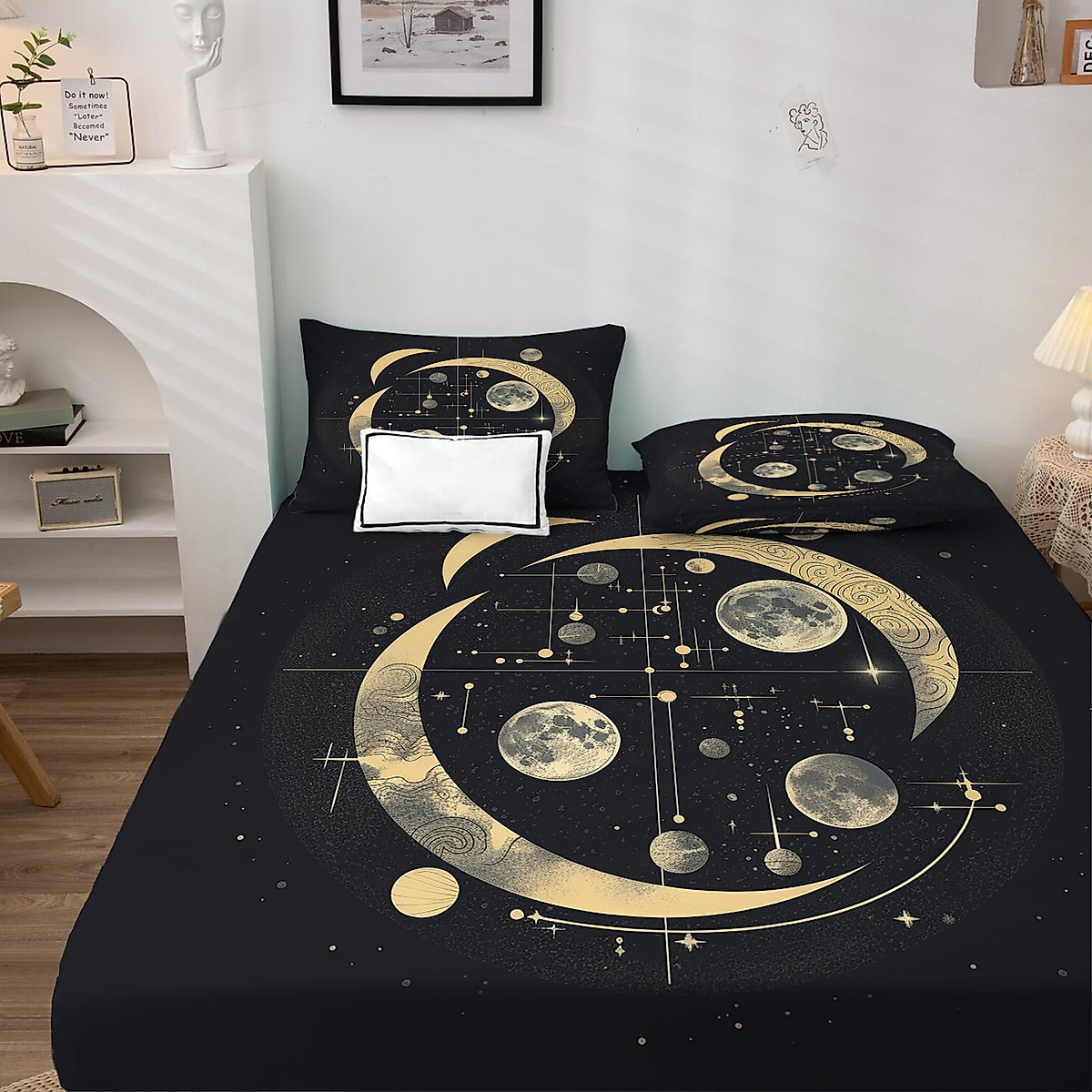 Moon Sheets Full Size, Aesthetic Bed Sheets, Patterned Bedding Sheets & Pillowcases 4 Piece Set - Soft Microfiber Deep Pocket Fitted Sheet & Flat Sheet & 2 Pillow Cases L5-&-148