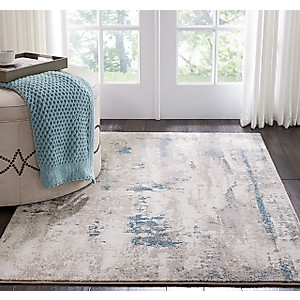 Nourison Maxell Contemporary Ivory/Teal 7'10" x 10'6" Area Rug, Easy Clean, Non Shedding, Bed Room, Living Room, Dining Room, Kitchen (8x11)