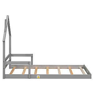 Zyerch Twin House-Shaped Headboard Floor Bed with Handrails,Wooden Bed Frame with Slat for Kids, Teens, Boys Or Girls,Grey