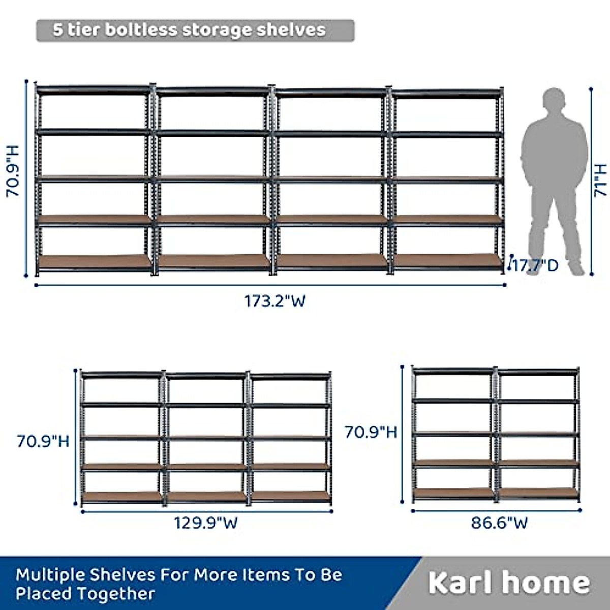 Karl home Garage Shelving Heavy Duty, 5-Tier Wide Size Adjustable Metal Shelving Unit Rack for Garage Pantry Basement, 2000lbs,43.3" L x 17.7" W x 70.9" H, Black