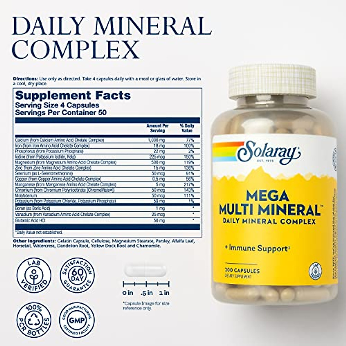 Solaray Mega Multi Mineral, Daily Mineral Complex with Calcium, Iron, Magnesium, Zinc, and More in Highly Absorbable Chelated Forms, Overall Health and Immune Support, 50 Servings, 200 Capsules