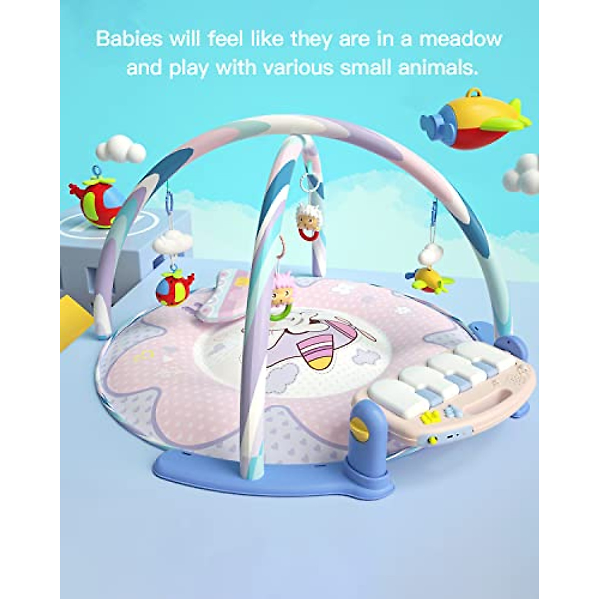 Baby Gym Play Mat,Musical Activity Center Kick Piano Gym Tummy Time Toys for Newborn Babies，Infant Toys Large Thickened and Non Slip Mat Washable (Pink)