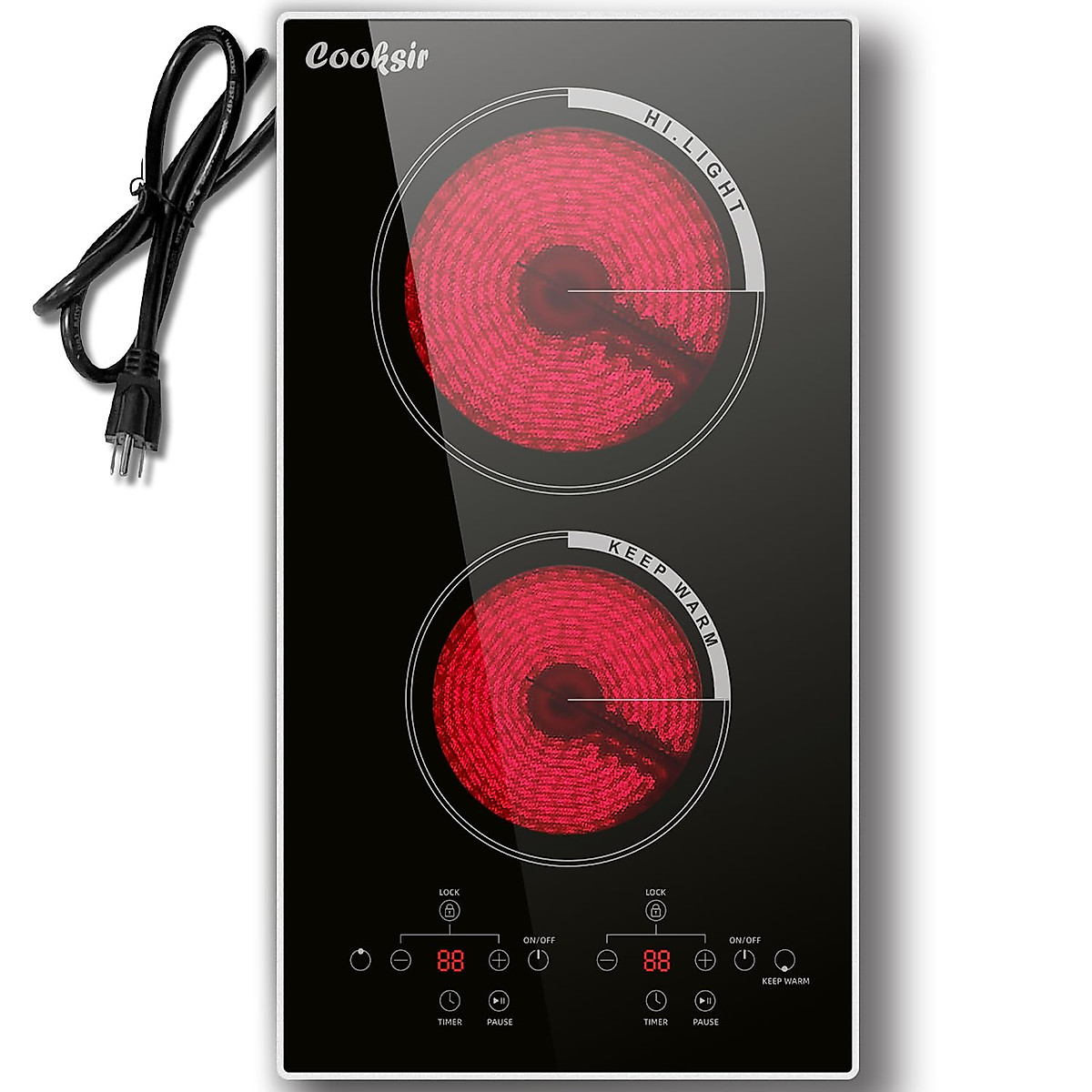 Cooksir Portable Electric Cooktop 2 Burner, 110V Plug in Electric Stovetop with Protective Full Metal Edge, 12 Inch Countertop & Built-in Ceramic Cooktop with Safety Lock, Timer, Sensor Touch