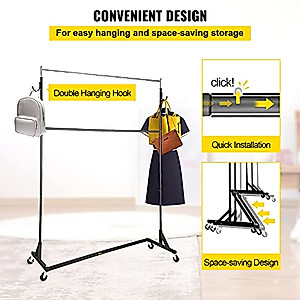 VEVOR Z Rack, 300 lbs Industrial Grade Z Base Garment Rack, 24" x 62" x 85" Height Adjustable Clothes Rack, Heavy Duty Clothing Rack w/ Lockable Casters for Home Store w/ Add-on Hang Rail Black
