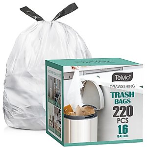 1.6 Gallon/220pcs Strong Drawstring Trash Bags Garbage Bags by Teivio, Bathroom Trash Can Bin Liners, Code b fit 6 Liter, Small Plastic Bags for home office kitchen