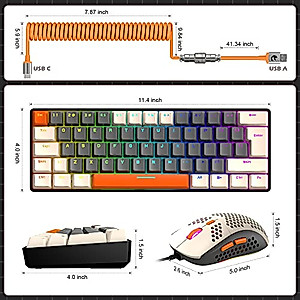ZIYOU LANG RK-T60 Wired Mechanical Gaming Keyboard and Mouse Combo Portable with Rainbow Backlit 62Key NKRO 6400DPI RGB Honeycomb Mice Coiled Aviator Cable for PS4/PC/WIN Gamer(Dark Gray/Blue Switch)