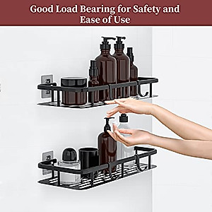 ZGDZ Self-Adhesive Black Shower Shelves with Removable Hooks Bathroom Stick on Shower Caddy Wall Mount Aluminum Shower Organizers Bathroom Trays Toiletries Holders 2-Pack