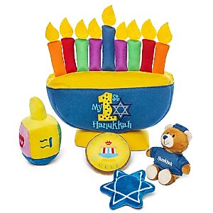 Genius Baby Toys My First Hanukkah Playset with 4 Deluxe Sensory Toys (Dreidel, Star of David, Gelt, Teddy Bear) for Baby - Jewish Holiday Keepsake for Babies